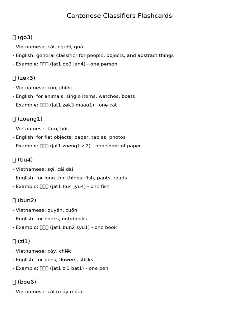Cantonese Classifiers Flashcards | PDF
