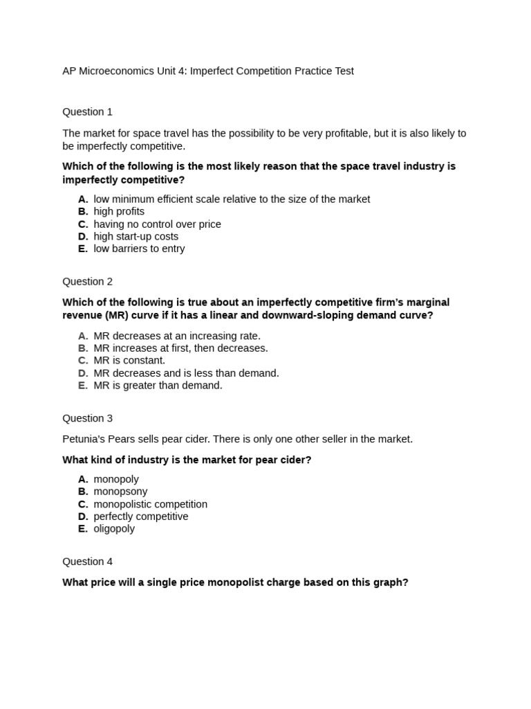 AP Microeconomics Unit 4 Imperfect Competition Practice Test | PDF ...