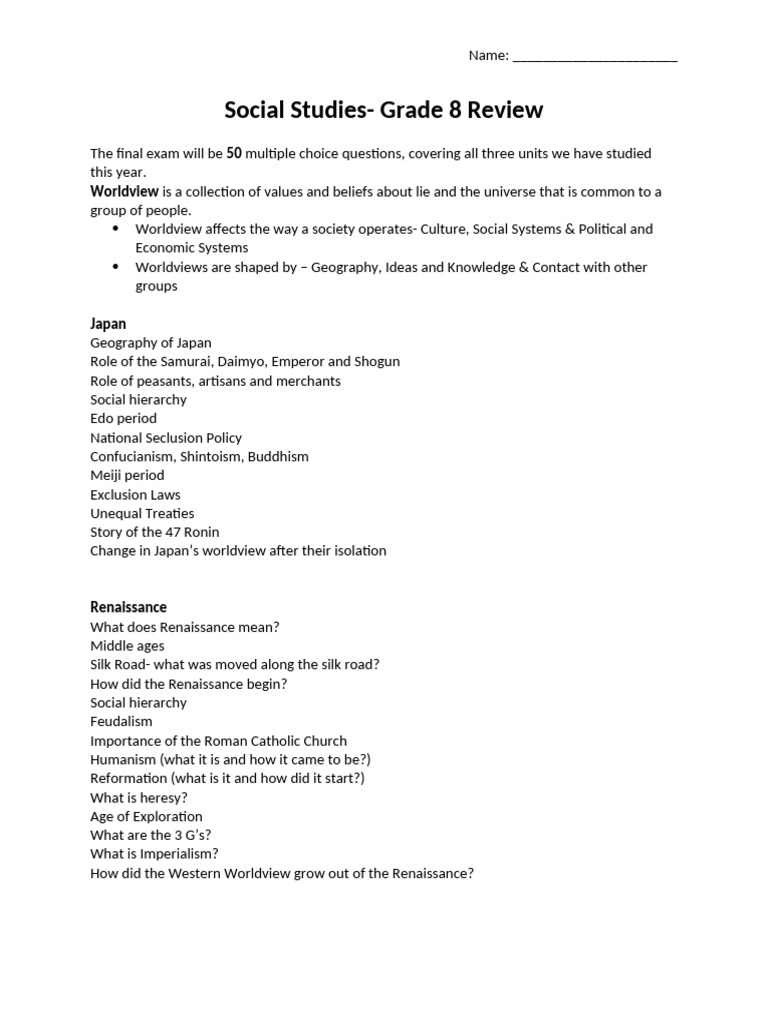 Social Studies-Grade 8 Review: 50 Worldview | PDF