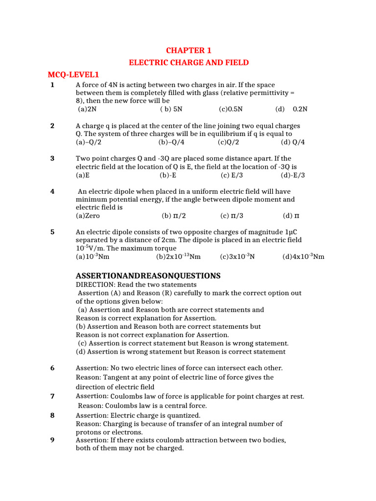 Chapter 1 MCQ | PDF | Dipole | Electric Field