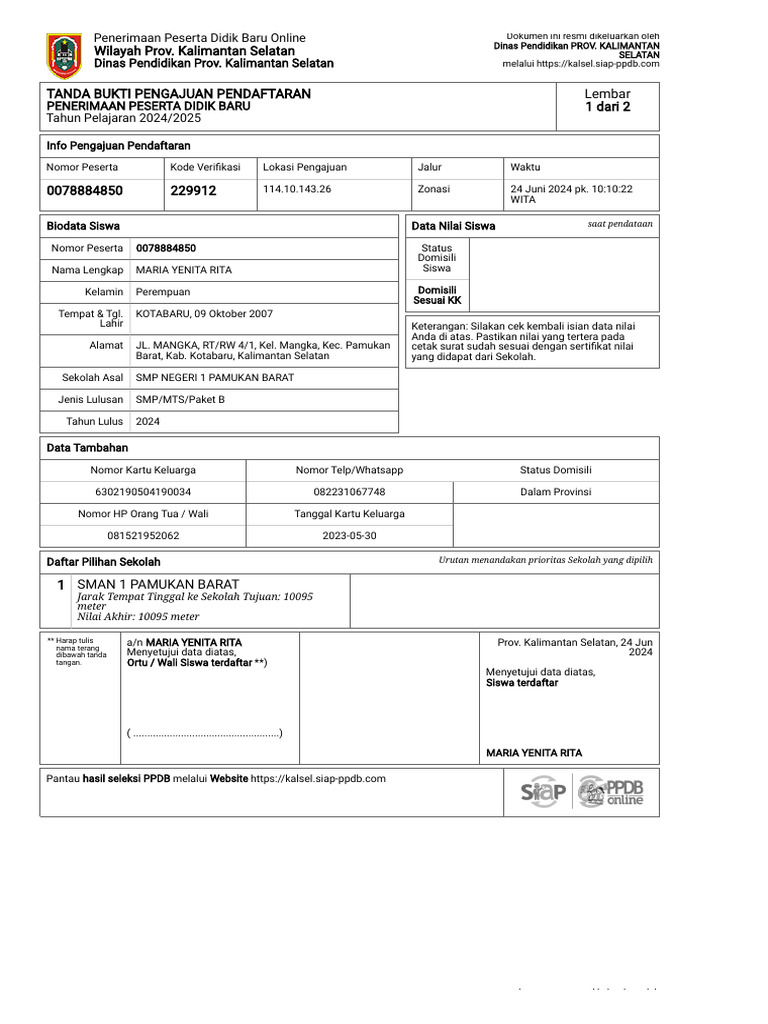 Tanda Bukti Pengajuan Pendaftaran - 0078884850 - MARIA YENITA RITA | PDF