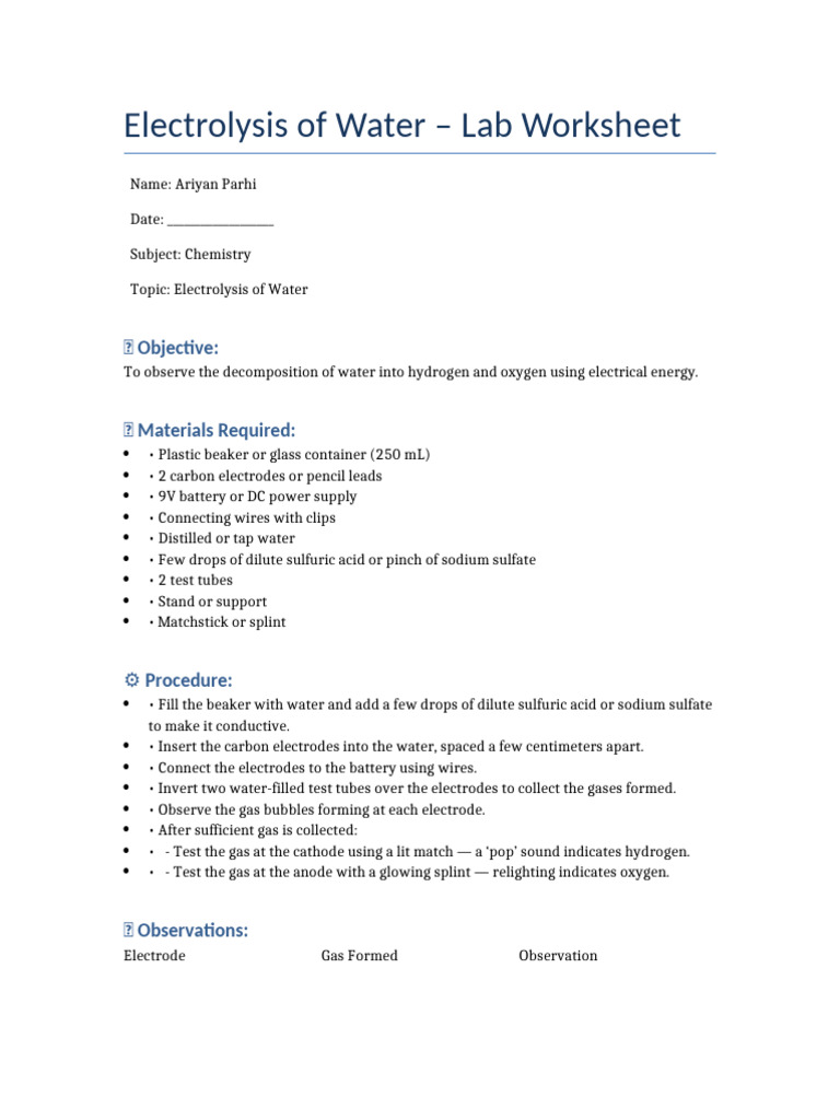 Electrolysis of Water Worksheet | PDF