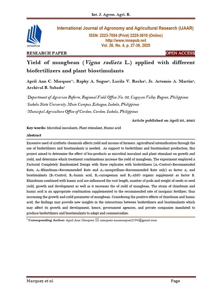 Yield of Mungbean (Vigna Radiata L.) Applied With Different Biofertilizers and Plant ...