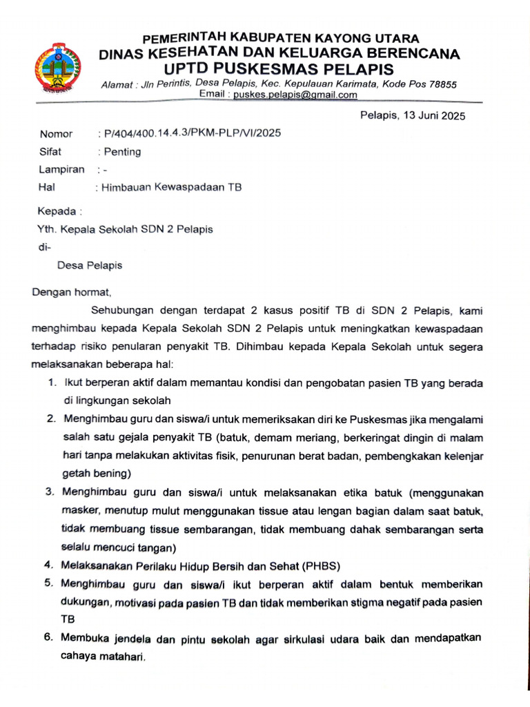 Surat Imbauan Pencegahan TB Untuk Kepala Sekolah SDN 2 Pelapis | PDF
