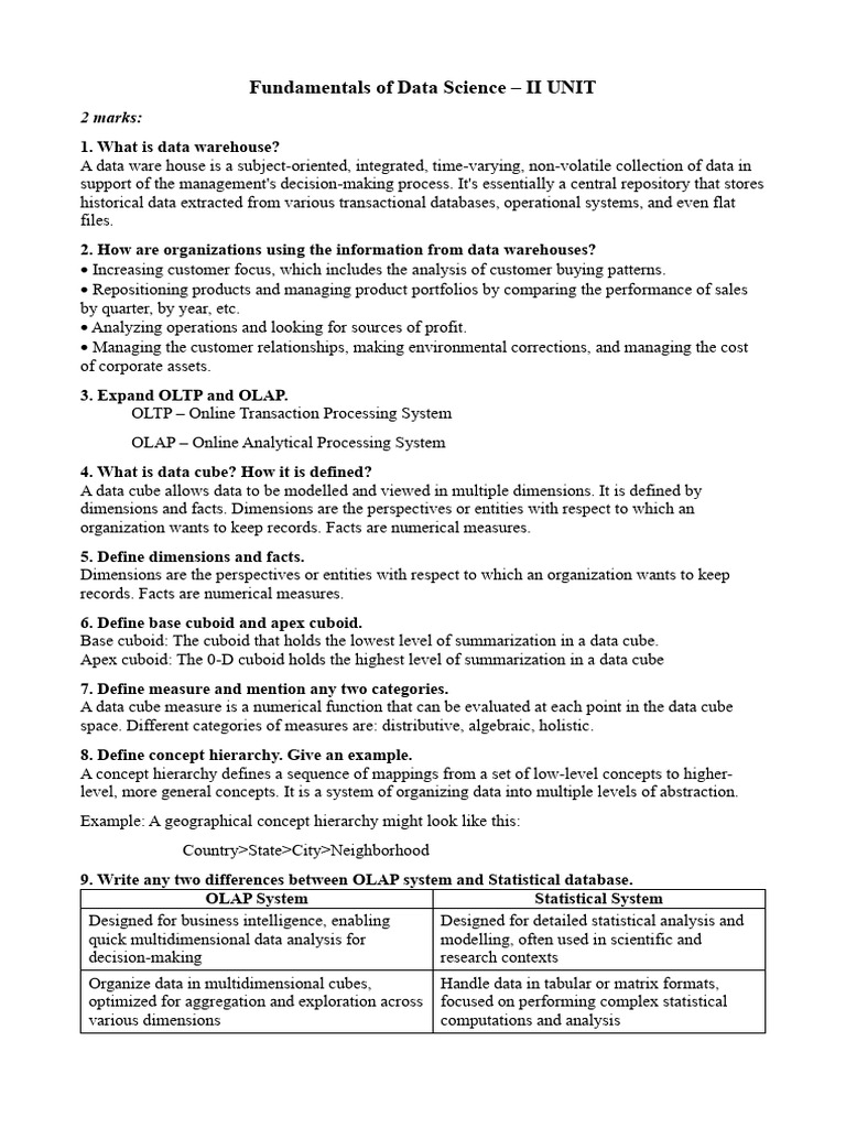 FDS - Ii Unit | PDF | Data Warehouse | Databases