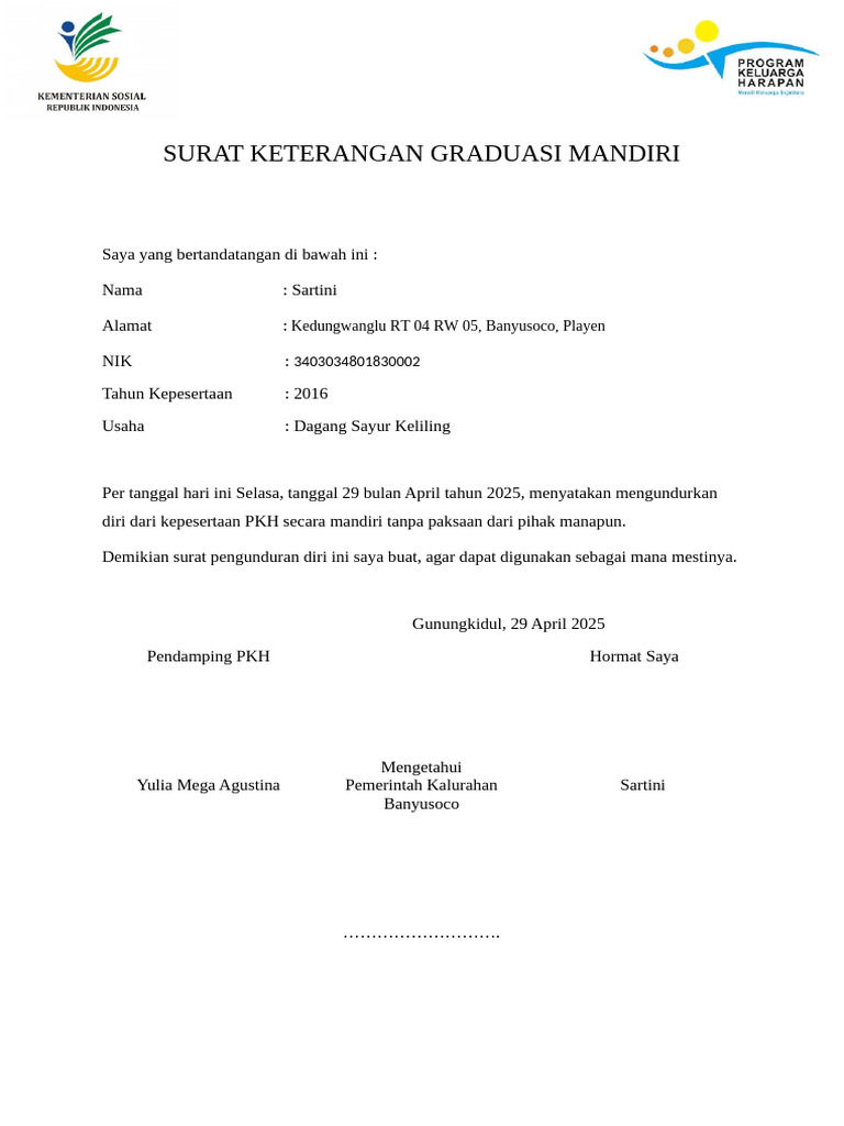 Surat Keterangan Graduasi Mandiri Sartini | PDF