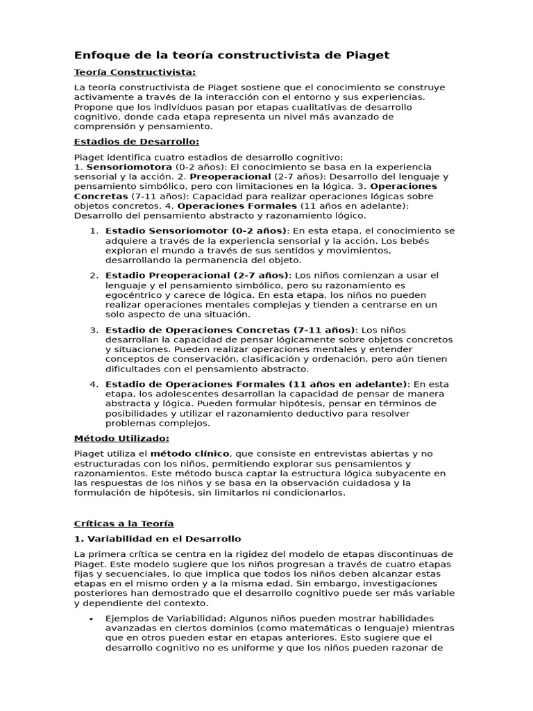 Enfoque de La Teoría Constructivista de Piaget | PDF | Pensamiento | Aprendizaje