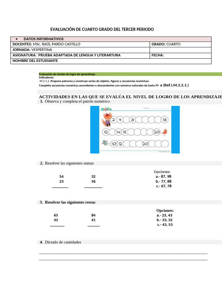 4to Nee Mate Examen 2do Trimestre 2023-2024 | PDF | Aprendizaje