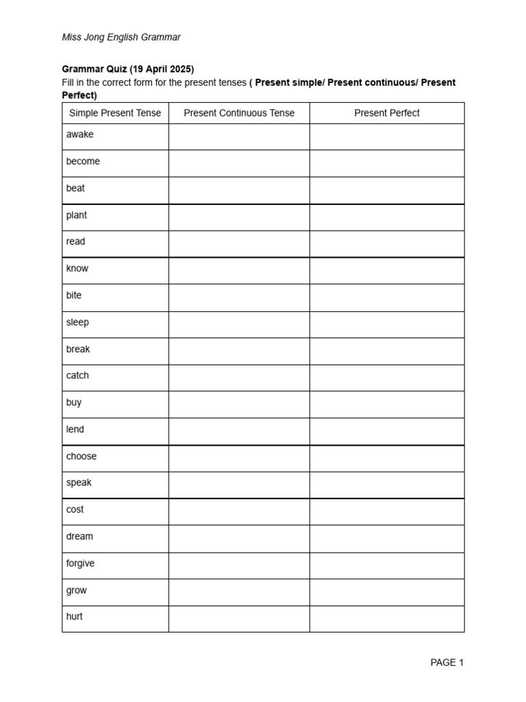 Present Tenses Grammar Quiz | PDF