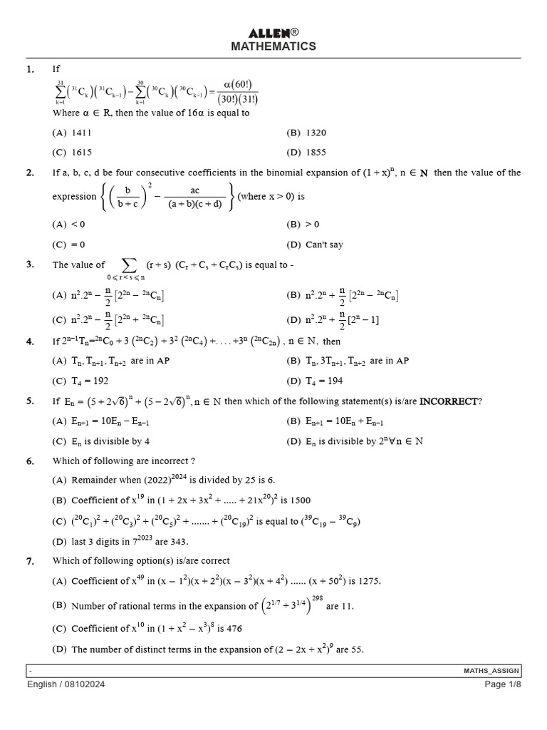 Allen Binomial Maths Assignment QP | PDF | Mathematical Analysis | Mathematical Objects