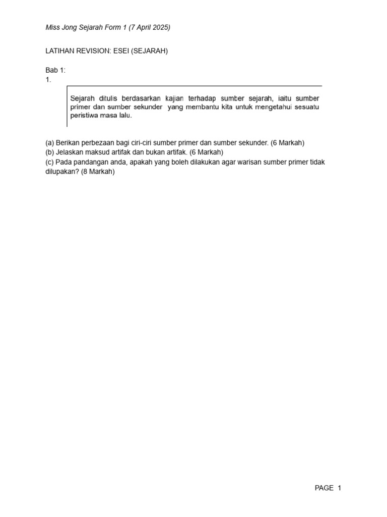 Latihan Revision Form 1 - Esei (Sejarah) | PDF