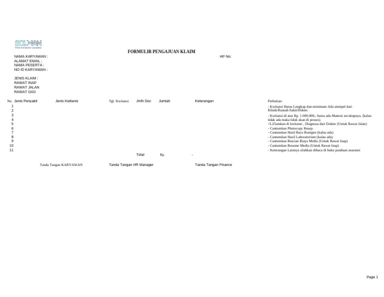 Form Claim Kesehatan SMI | PDF