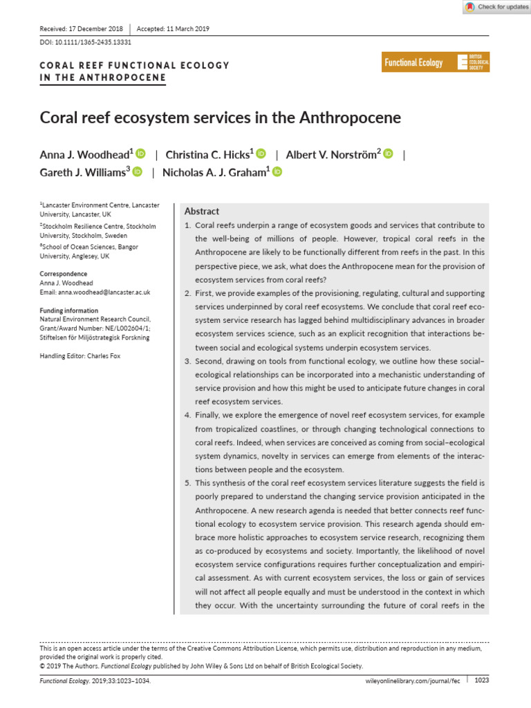 Functional Ecology - 2019 - Woodhead - Coral Reef Ecosystem Services in ...