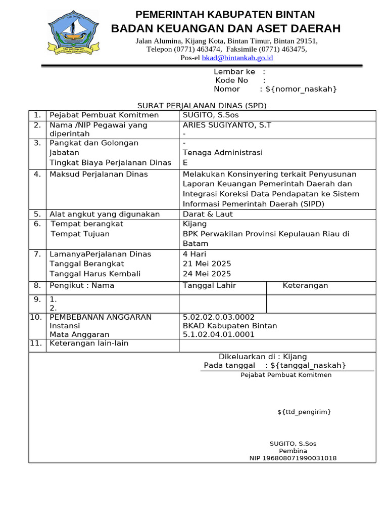 Contoh SPPD Ditandatangani Bintan | PDF