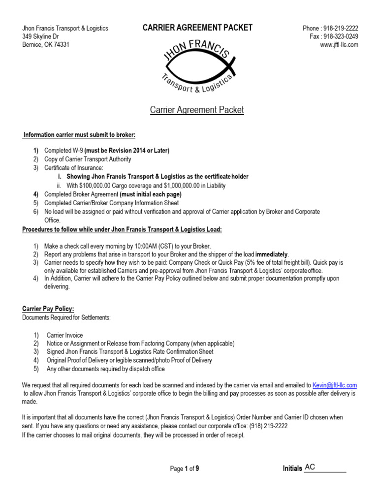 Carrier Agreement Packet Overview | PDF | Indemnity | Cargo