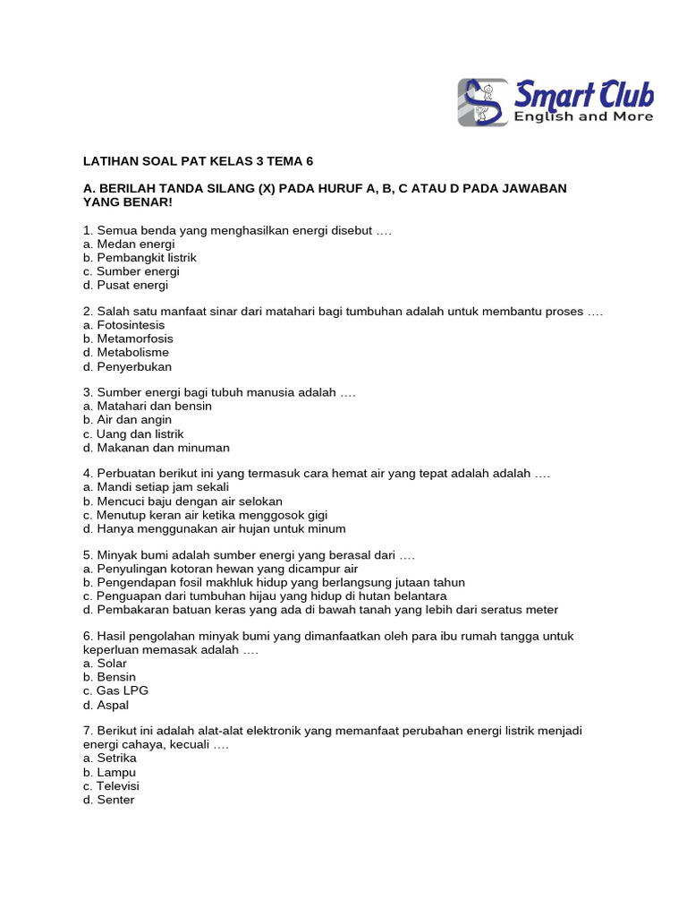 Latihan Soal Pat Kelas 3 Tema 6 | PDF