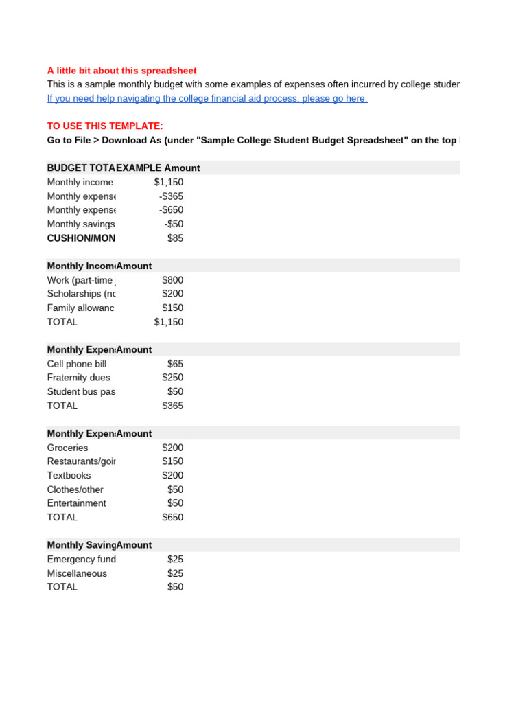 Sample College Student Budget Template | PDF