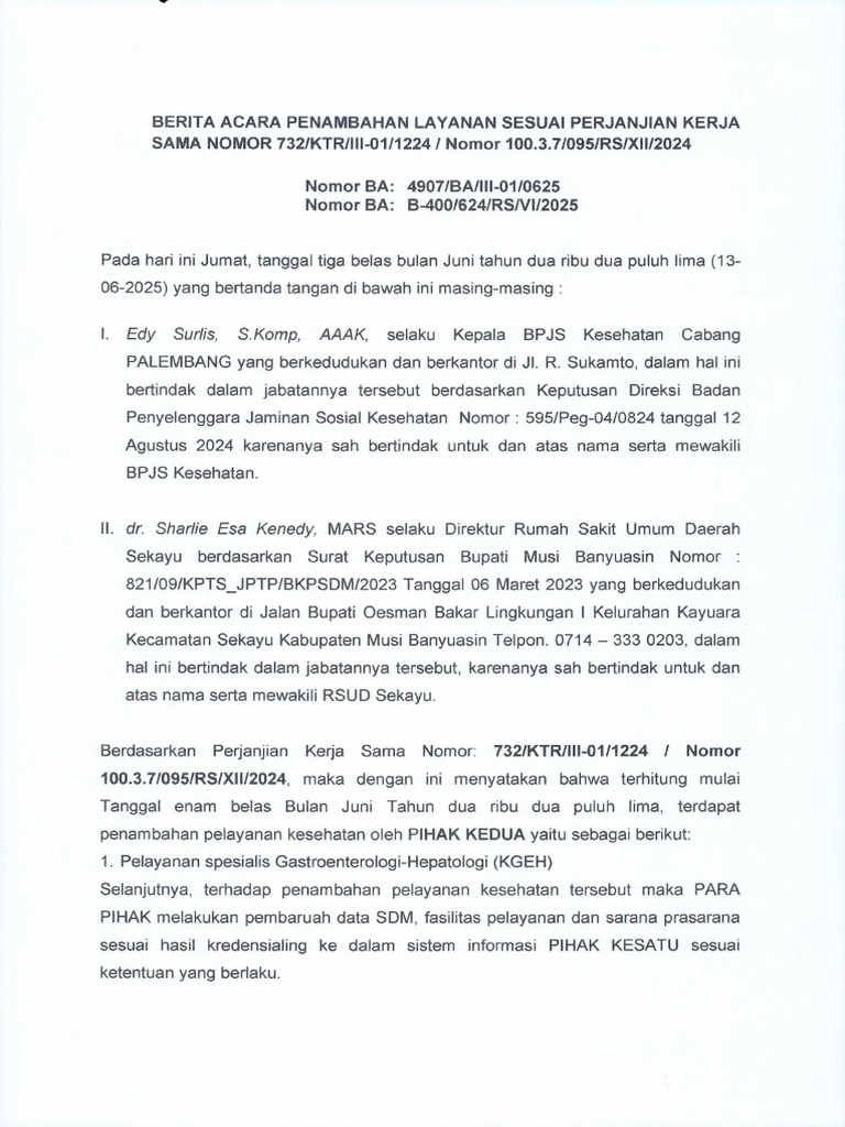 Berita Acara Penambahan Layanan Sesuai Perjanjian Kerja Sama Nomor 732 - KTR - III-01 - 1224 ...