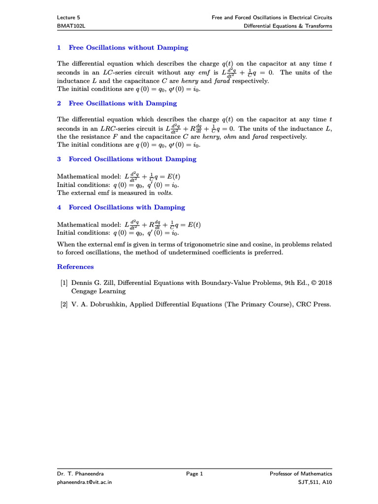 Lecture 5 Free and Forced Oscillations in Electrical Circuits | PDF