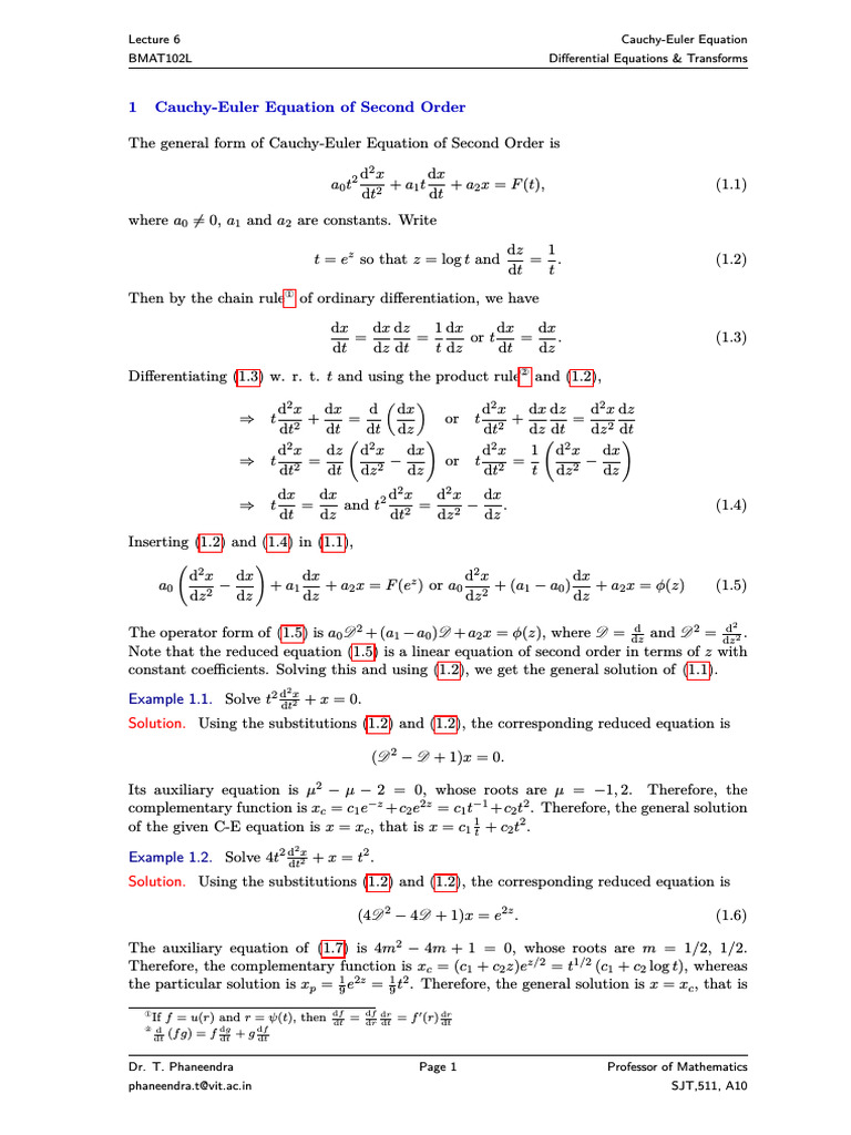 Lecture 6 Cauchy-Euler Equation | PDF | Equations | Applied Mathematics