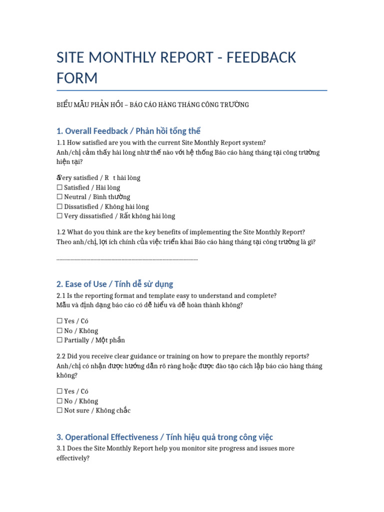 Site Monthly Report Feedback Form | PDF