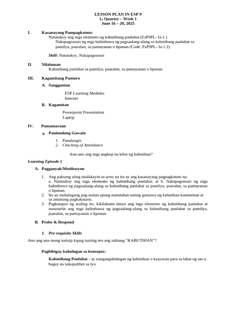 ESP Lesson Plan 9wk1 q1 | PDF