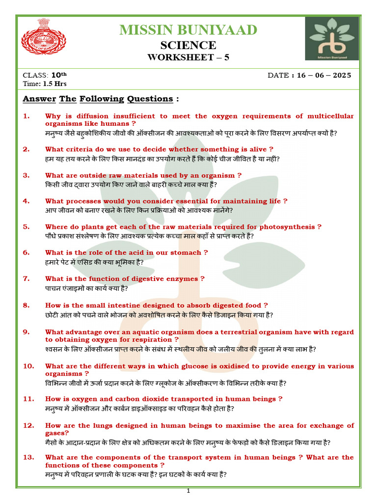 10th SCIENCE WORKSHEET - 5 (16-06-2025) | PDF