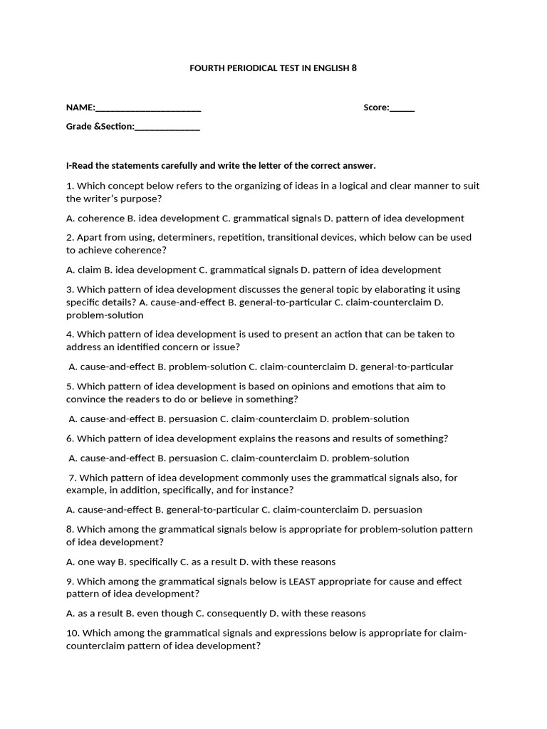 English 8 Fourth Periodical Test | PDF | Causality | Sentence (Linguistics)