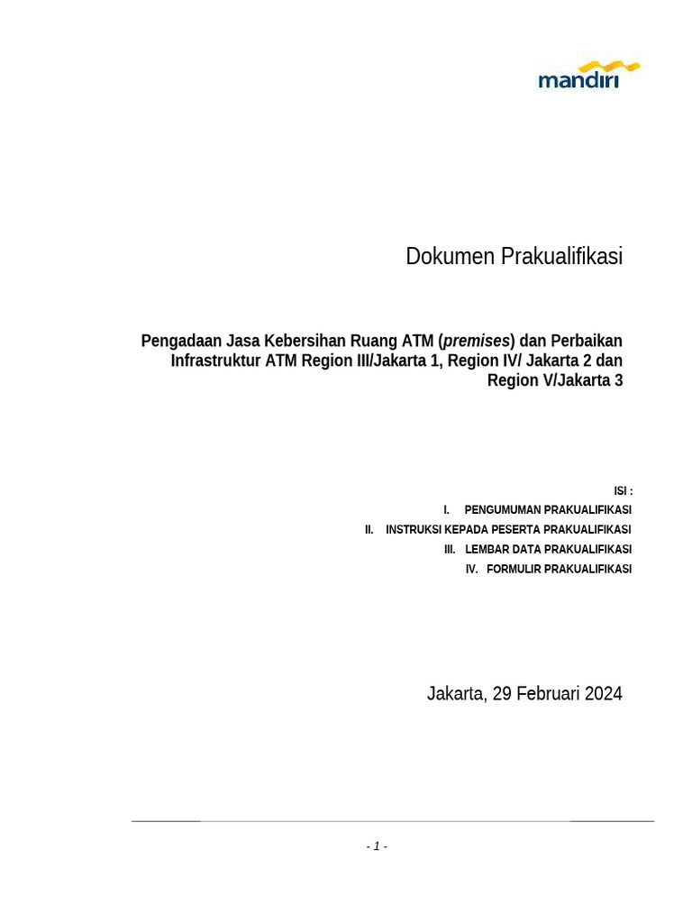 Dokumen Prakualifikasi Jasa Kebersihan Ruang ATM 2024 | PDF