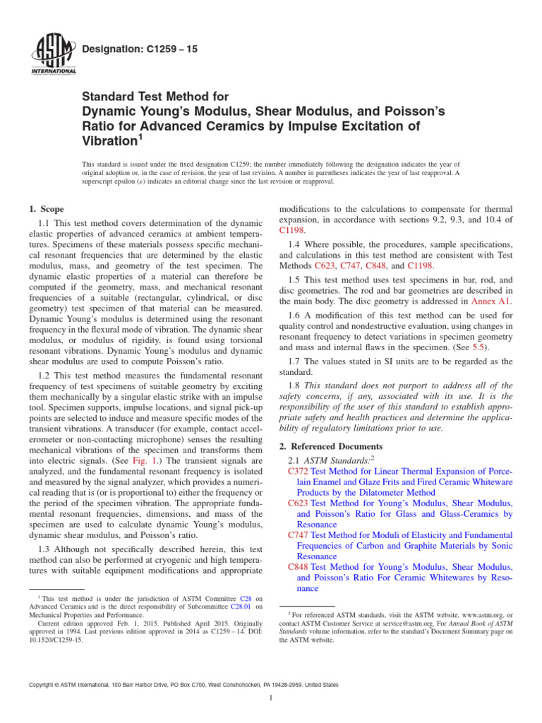 C1259-15 Standard Test Method For Dynamic Young's | PDF | Young's ...