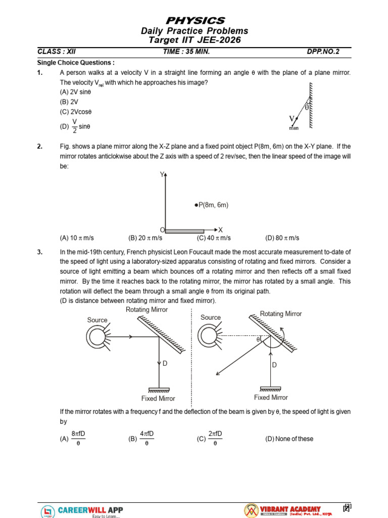 Physics Practice Problems for IIT JEE | PDF | Mirror | Speed Of Light