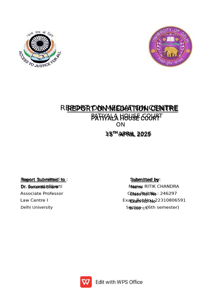 Mediation Centre Report by Ritik Chandra | PDF | Mediation | Lawsuit