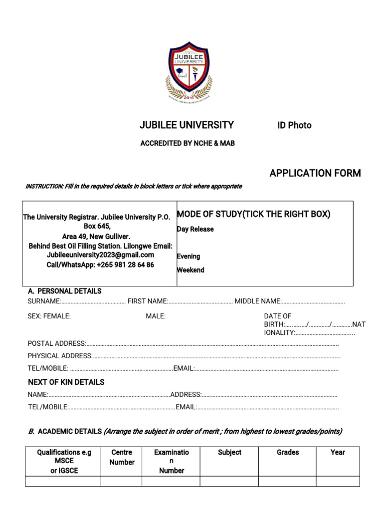Jubilee University Application Form Jan 2025 Intake | PDF