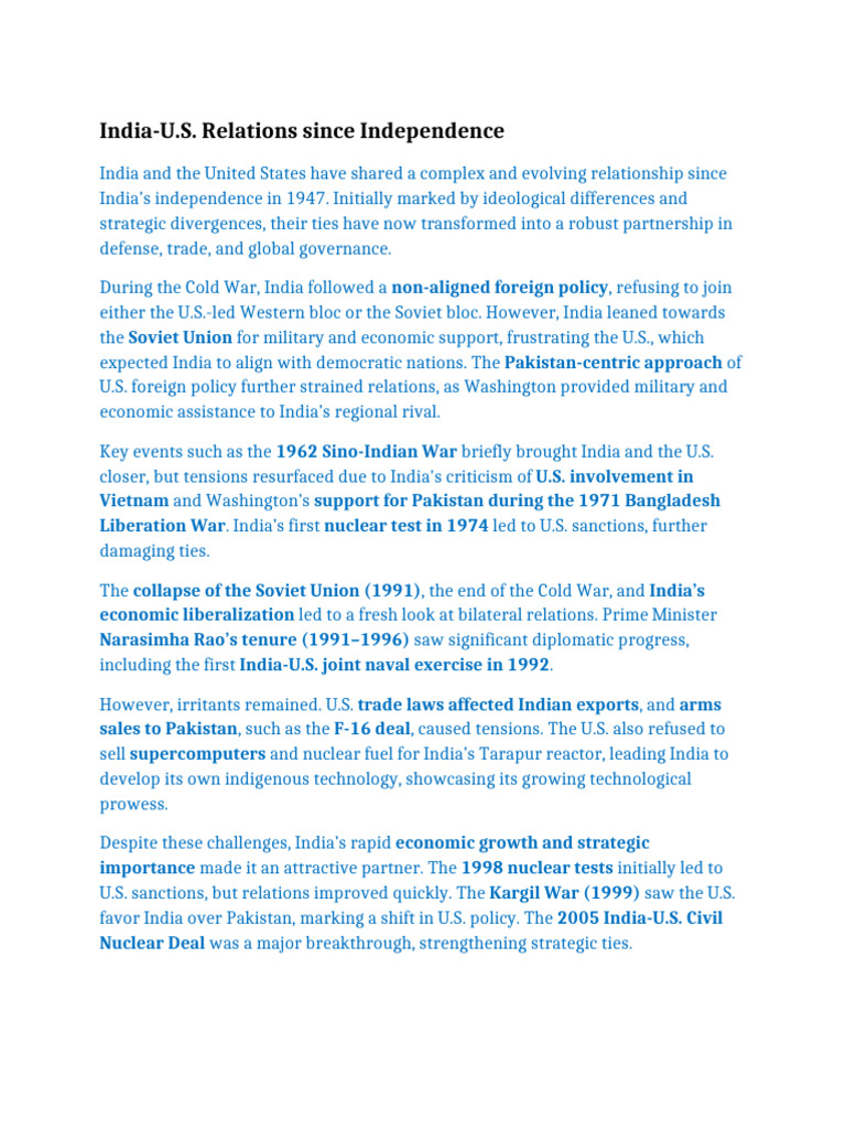 India-U.S. Relations Since Independence | PDF | The United States ...