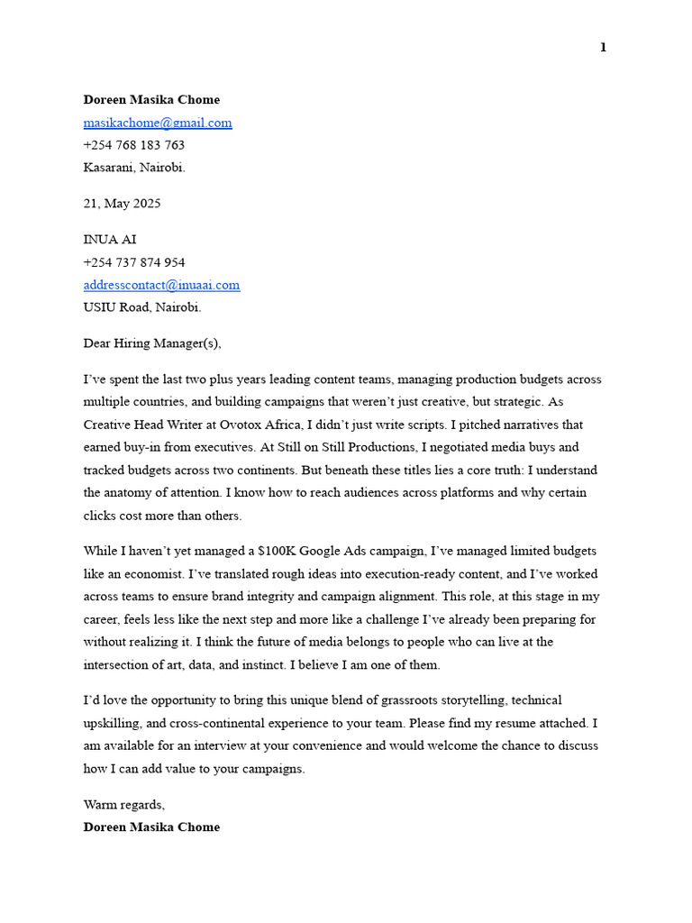 Doreen Masika - Cover Letter INUA AI | PDF