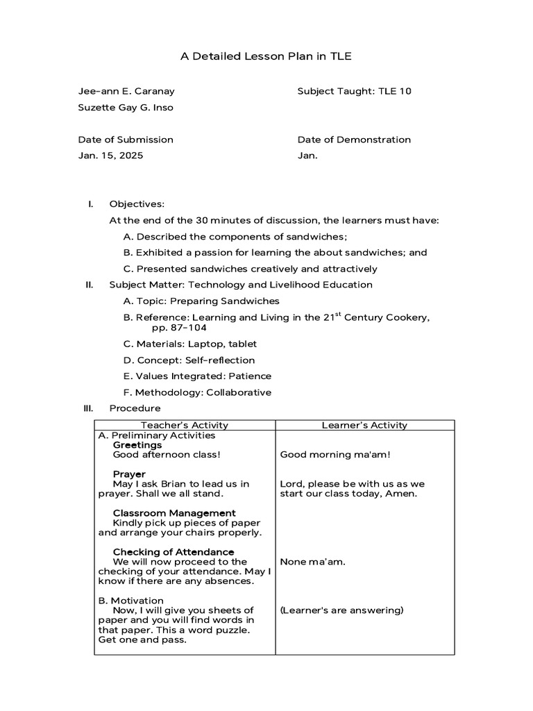 TLE 10 Lesson Plan: Sandwich Preparation | PDF | Mayonnaise | European ...