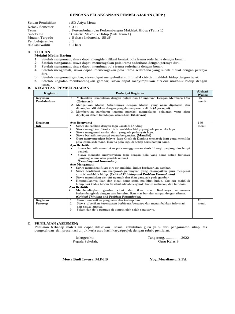 RPP Tema 1 Sub Tema 1 Pembelajaran 1.. | PDF