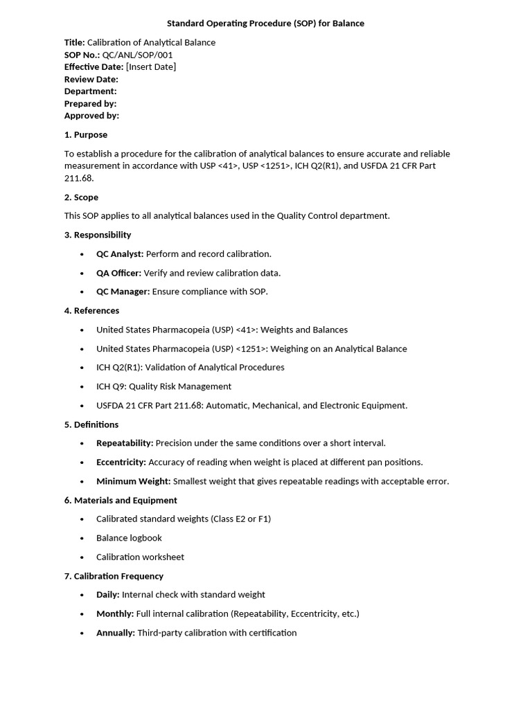 Analytical Balance Calibration SOP | PDF | Calibration | Standard Deviation