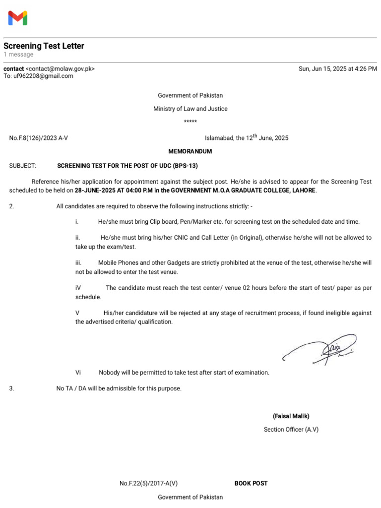 Gmail - Screening Test Letter | PDF | Qualifications