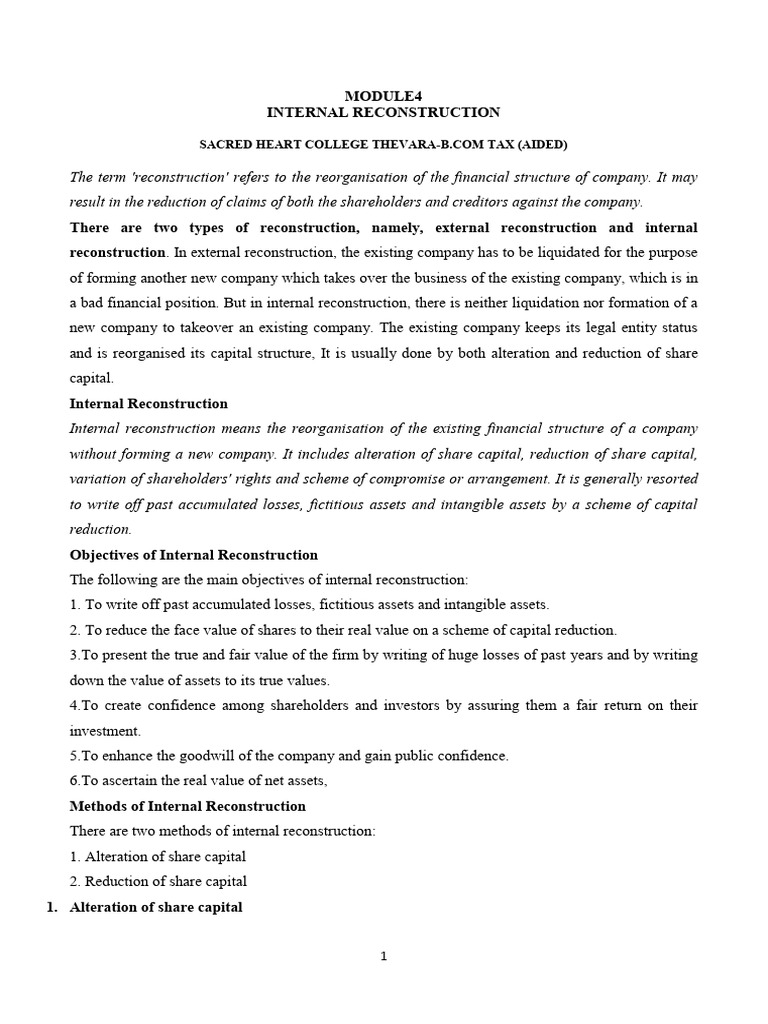 Internal Reconstruction Explained | PDF | Debits And Credits | Equity ...