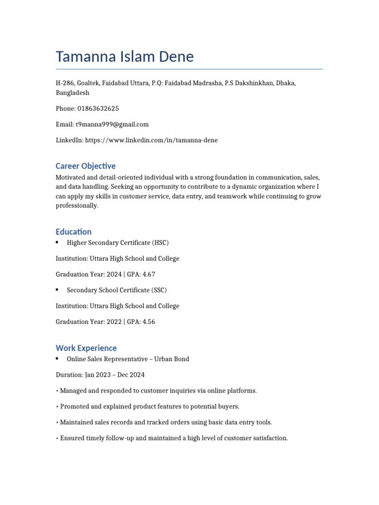 Tamanna Islam Dene CV | PDF