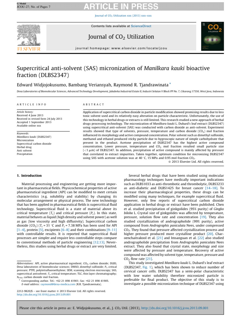 Supercritical Anti-Solvent (SAS) Micronization of Manilkara Kauki ...