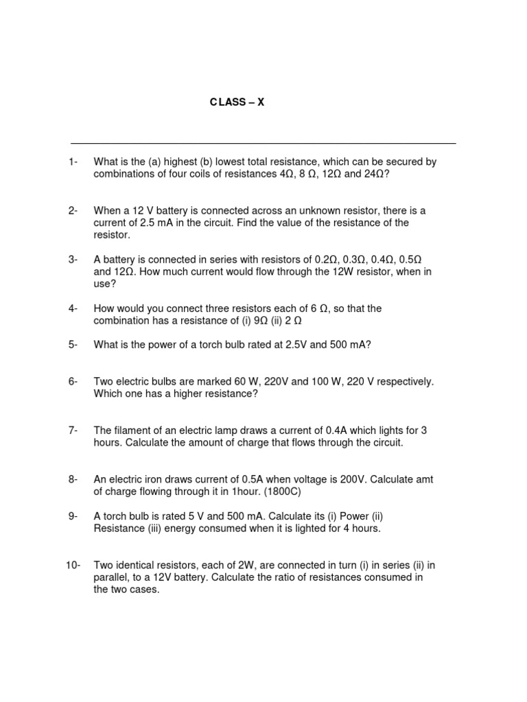 CBSE Class 10 Physics Worksheet 5 Electricity | PDF | Series And Parallel Circuits | Electronic ...