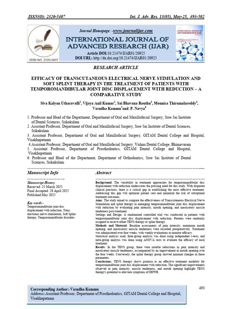 Efficacy of Transcutaneous Electrical Nerve Stimulation and Soft Splint ...