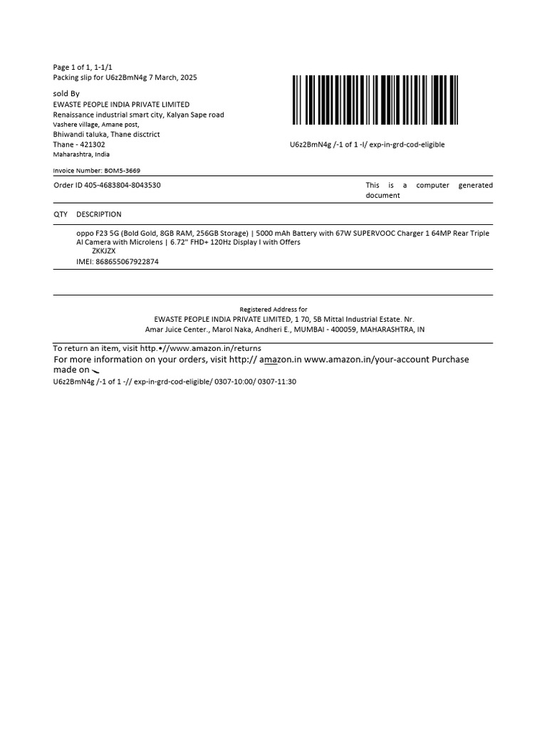Oppo F23 5G Purchase Receipt | PDF