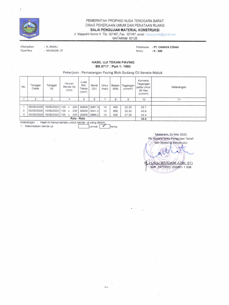 Hasil Uji Paving k300 | PDF