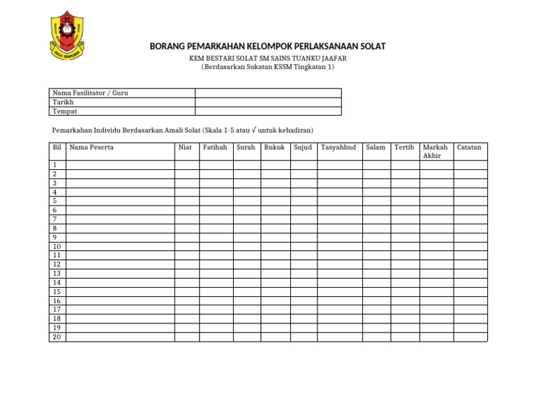 Borang Pemarkahan Kelompok Kem Bestari Solat 20 Peserta | PDF
