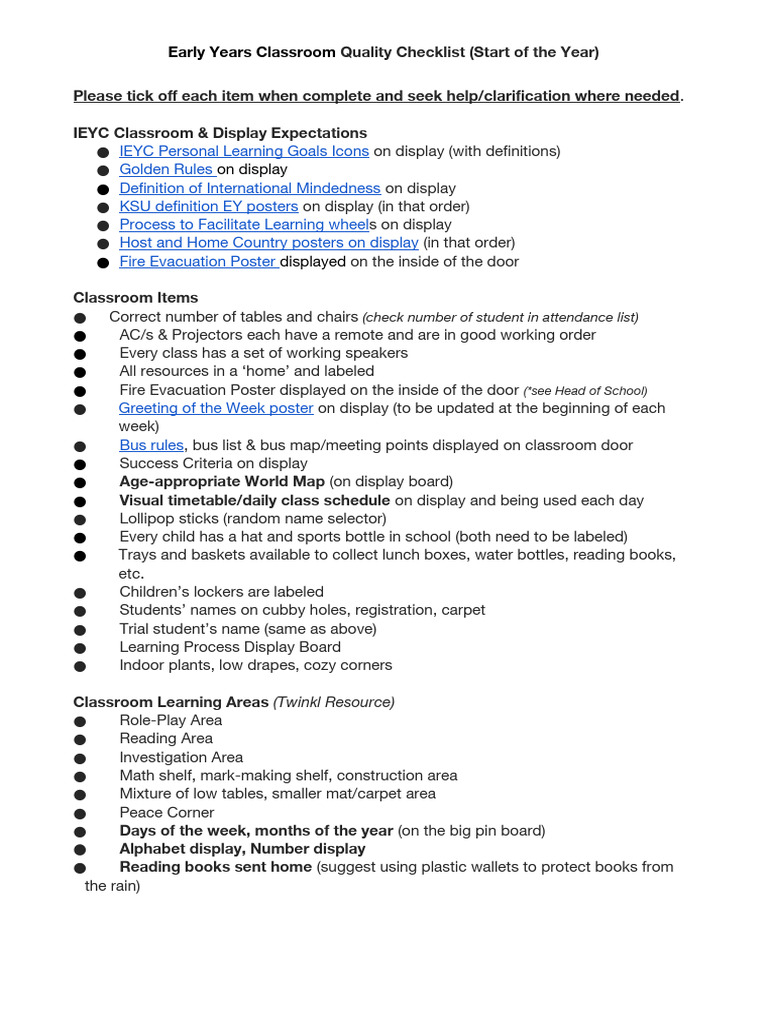 EY Classroom Quality Checklist | PDF