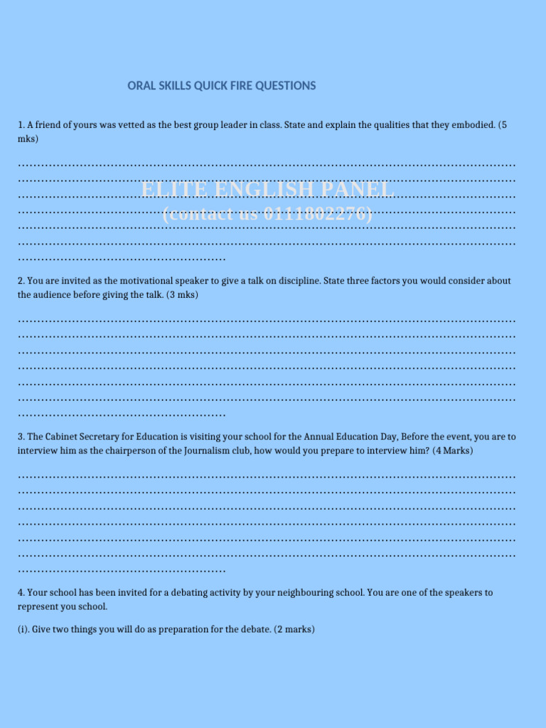 Oral Skills Quick Fire Questions | PDF