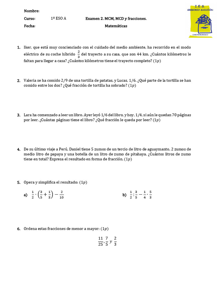 Examen de Fracciones y Operaciones Matemáticas | PDF